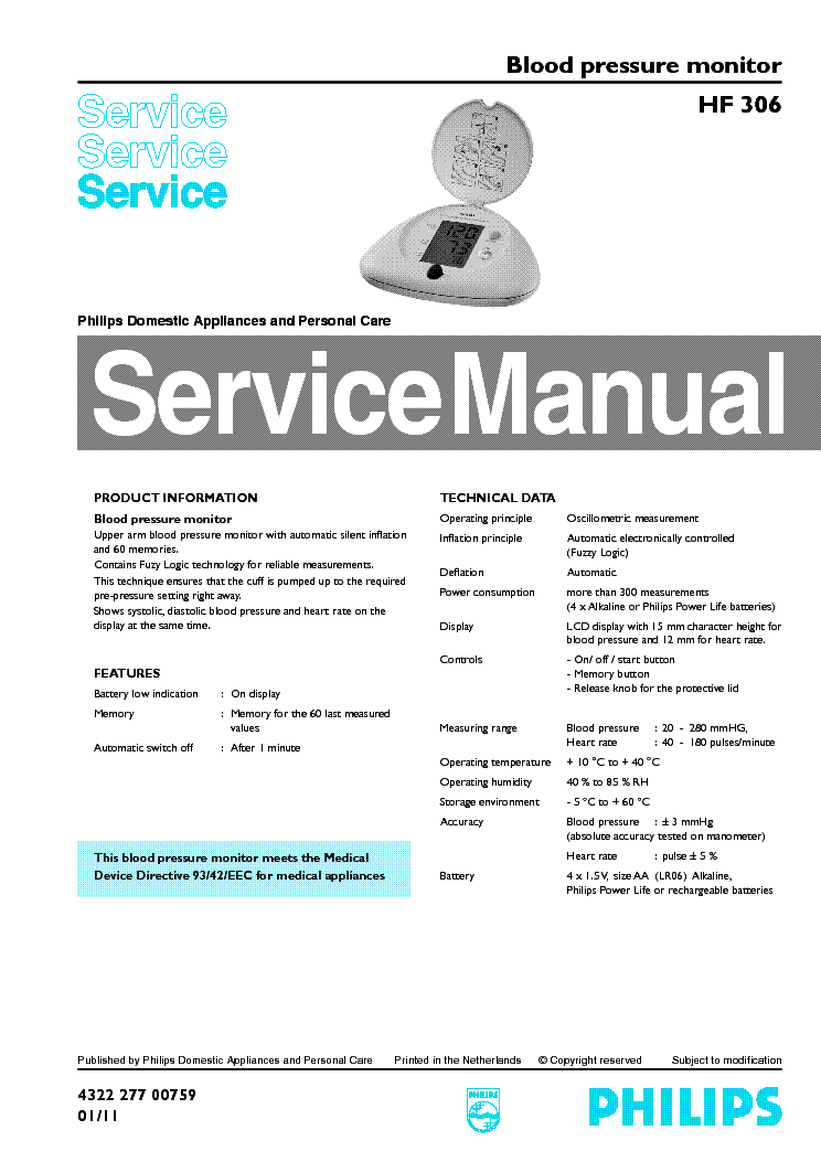 PHILIPS HF 306 BLOOD PRESSURE MONITOR Service Manual Download 