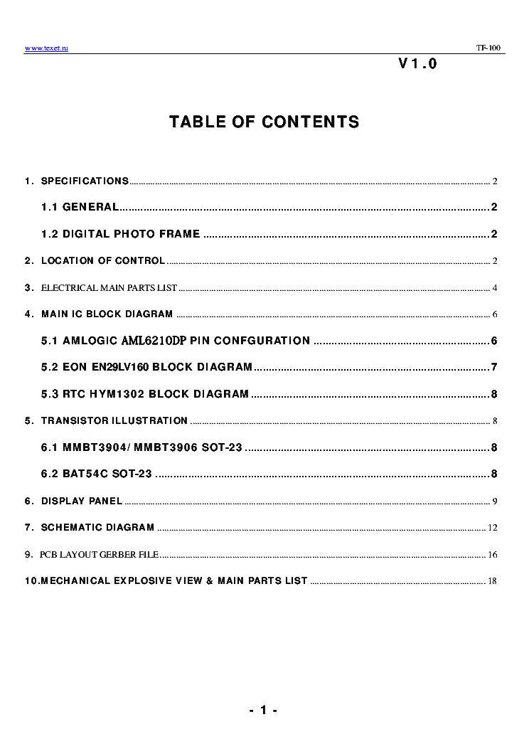 TEXET TF 100 DIGITAL PHOTO FRAME Service Manual Download Schematics