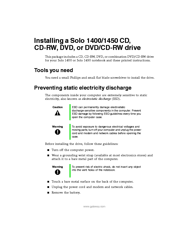 GATEWAY SOLO 1400 1450 REMOVE REPLACE OPTICAL DRIVE Service Manual