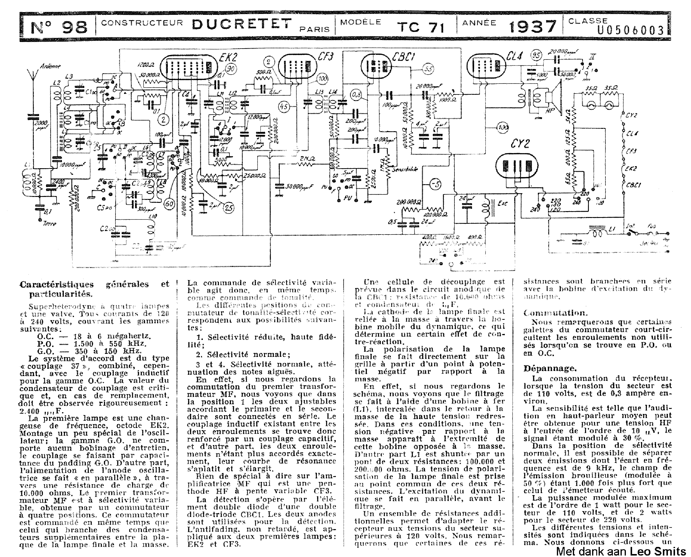 Ducretet Tc71 Radio 1937 Sch Service Manual Download Schematics