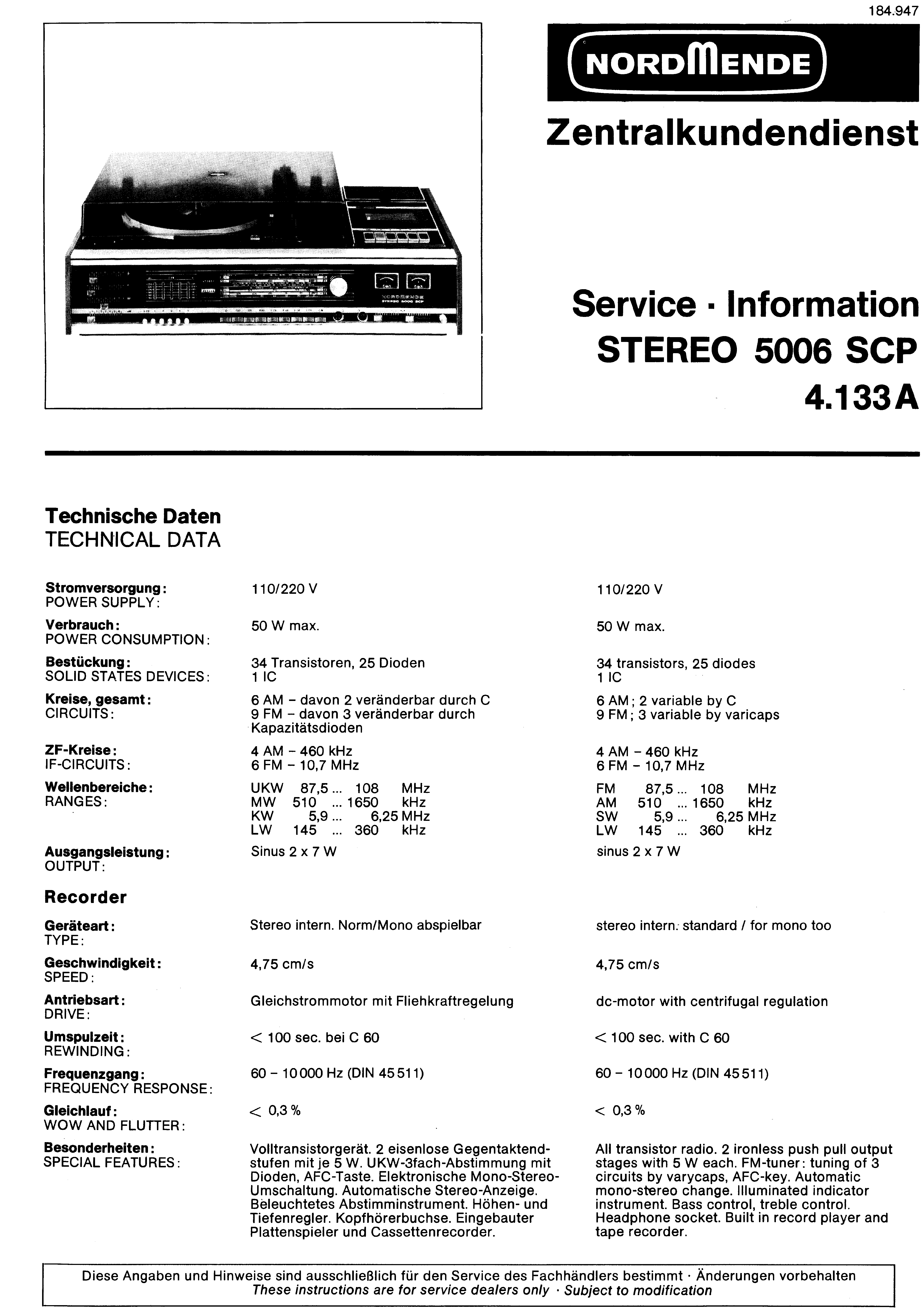 NORDMENDE STEREO 5006 SCP SM Service Manual download, schematics ... NORDMENDE STEREO 5006 SCP SM Service Manual download, schematics ...