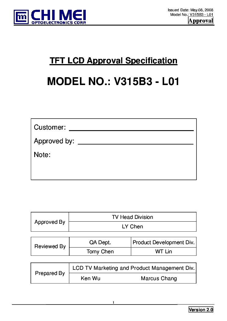 CHIMEI V315B3-L01 REV.C1 31,5INCH WXGA COLOR TFT-LCD MODULE 6U-CCFL ...