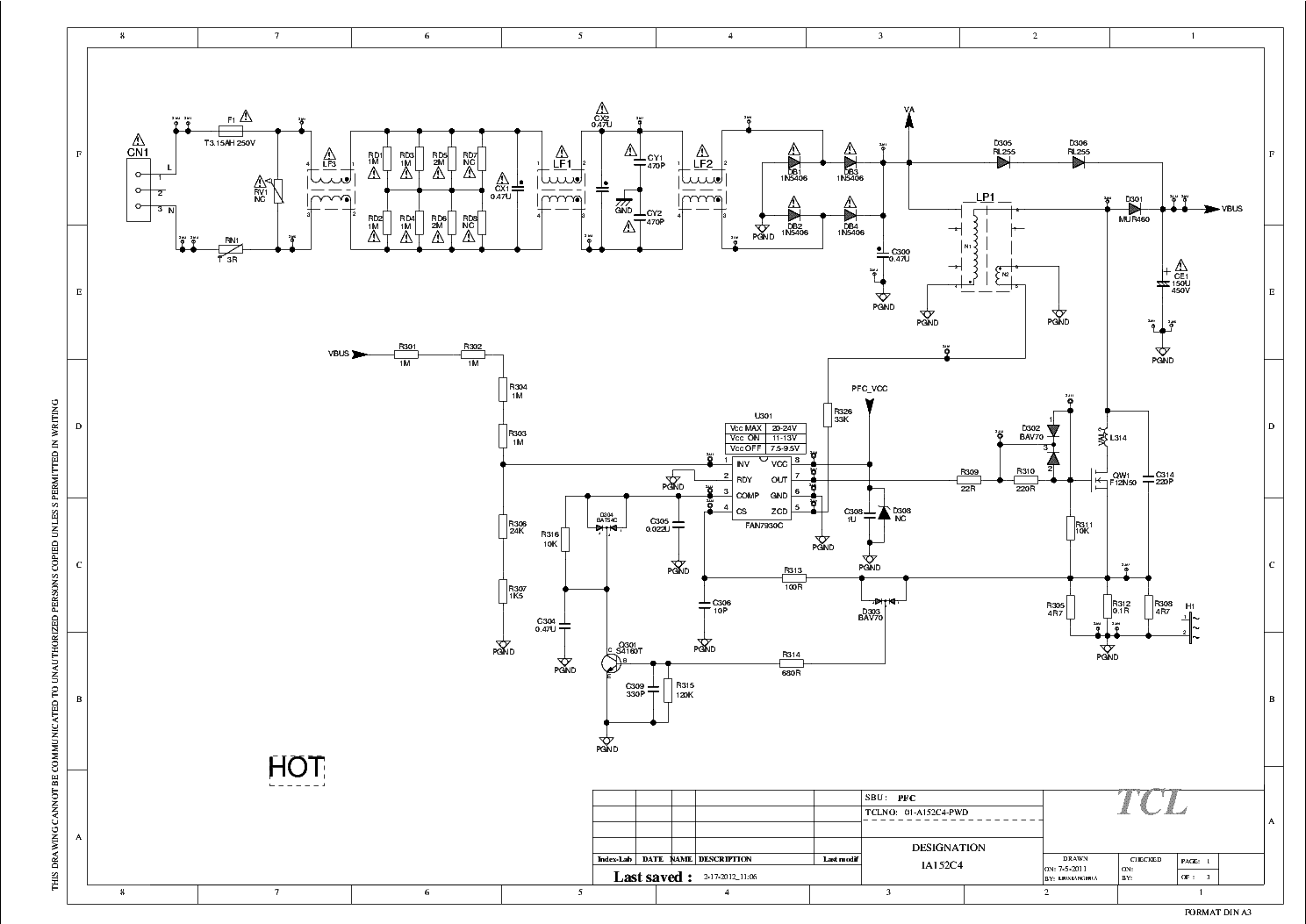 TCL 01 A152C4 PWD IA152C4 PSU SCH Service Manual Download Schematics
